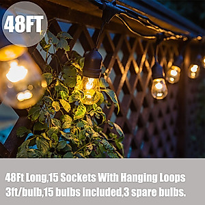 Outdoor String Lights 48 Feet Advanced Weatherproof Design Connectable String of Light,15 Heavy Duty Hanging Socket for Porch Patio Garden Backyard