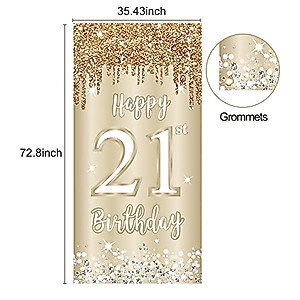 Happy 21st Birthday Door Banner Decorations for Her, Gold White 21 Birthday Door Cover Sign Party Supplies, 21 Year Old Birthday Photo Booth Background Decor for Women
