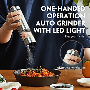 Electric Salt and Pepper Grinder Set - Kitexpert Battery Operated Pepper Mill with Light - One Handed Operation with Large Button - Up to 5 Adjustable Grinding Levels