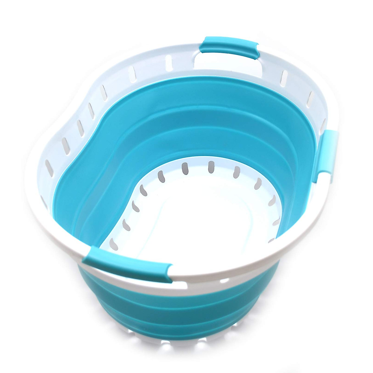 SAMMART 36L (9.5 gallon) Collapsible 3 handled Plastic Laundry Basket - Oval Basket - Foldable Storage Container/Organizer - Space Saving Laundry Hamper (2, White/Bright Blue)