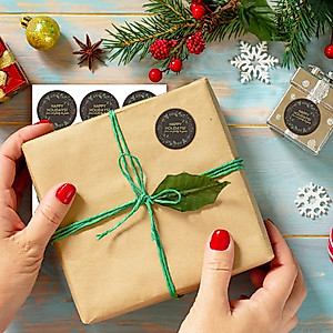 Mobiusea Creation Happy Holidays Stickers | Envelope Seals | 1.4 inch | Gold Foil | Black Wreath Christmas Stickers | Waterproof | 90-Pack for Christmas Gifts, Envelopes, Holiday Cards