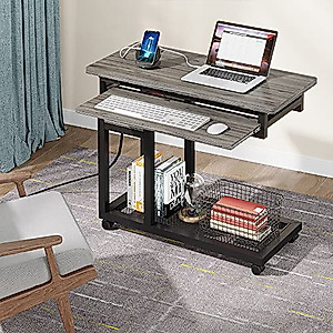 Tribesigns Small Portable Desk with Power Outlet, Height Adjustable Sofa Couch Bedside Laptop Table with Wheels, Mobile Standing Desk Rolling Computer Cart C Side Table with USB Ports