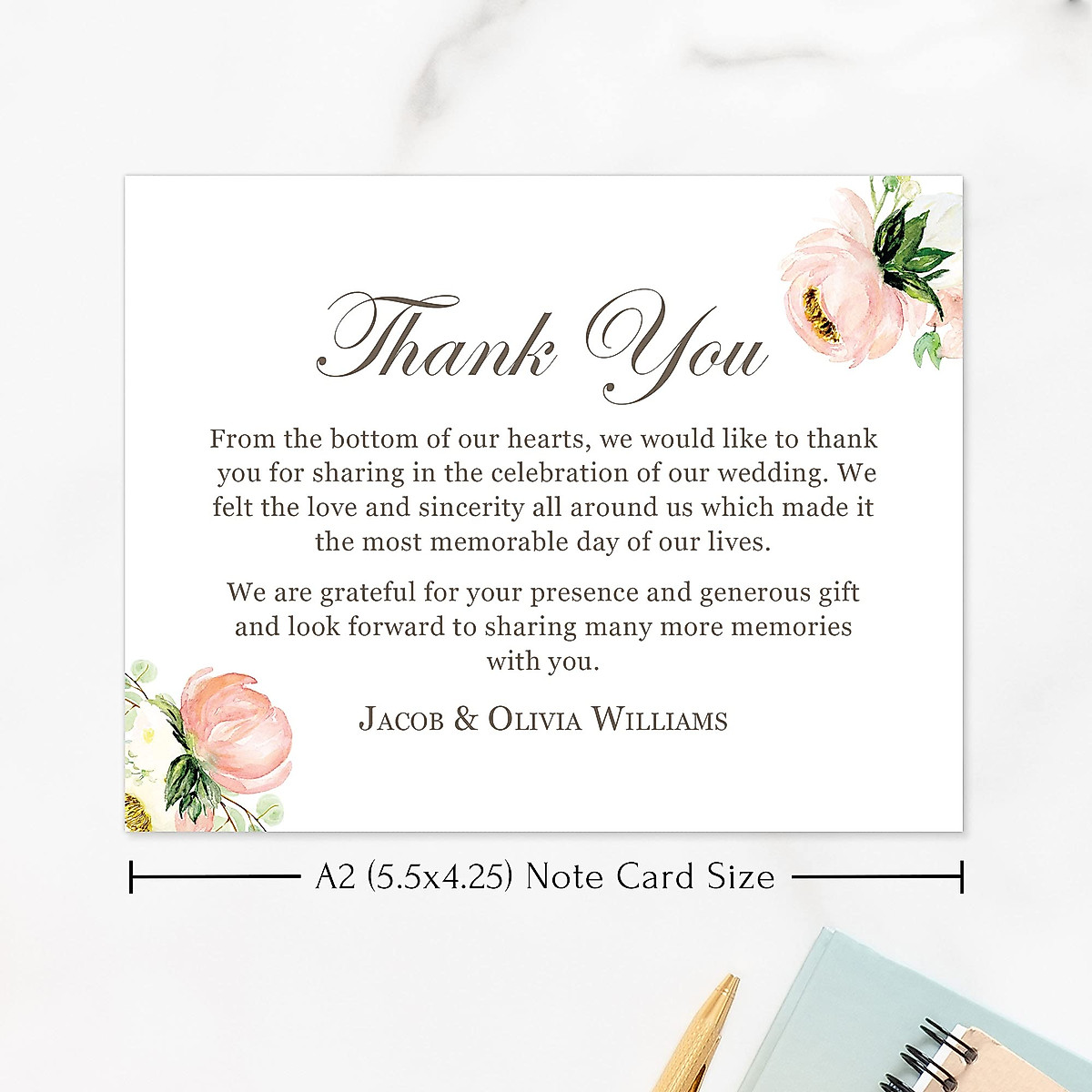 Hello Love Goods Personalized Wedding Thank You Cards with Message, Flat Thank You Note Cards with Pink Floral