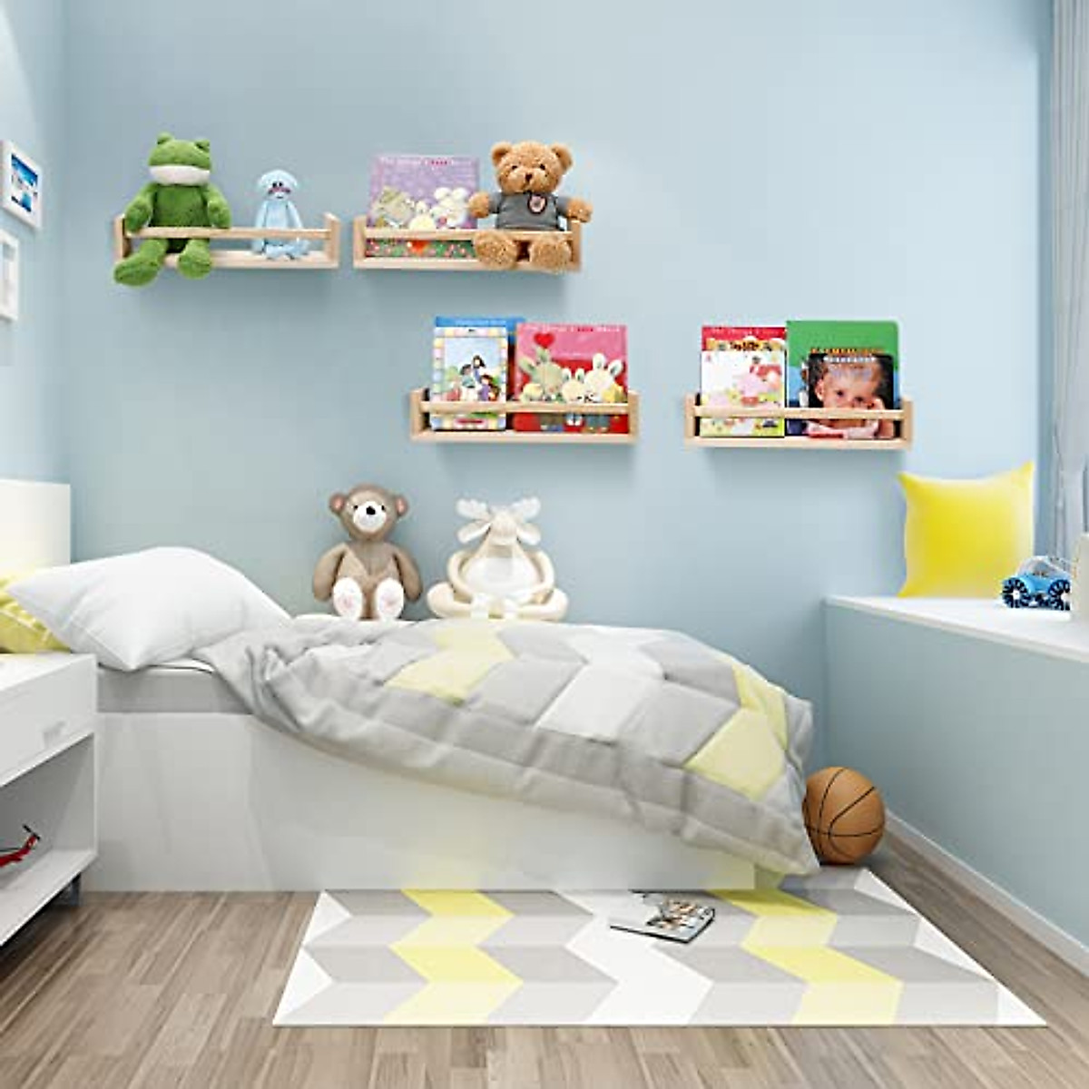 HAPOO Nursery Book Shelves Wall Bookshelf for Wall 16" Wood Nursery Shelf Floating Bookshelf for Kids Room Set of 4
