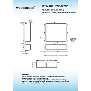Woodbridge Ready for Tile Shampoo Soap Single Niche 16" x 20", SW1620S Shelf,Black