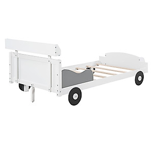 Twin Size Car-Shaped Platform Bed Frame for Boys Girls Kids Adults Toddler,Twin Bed with Storage Shelf for Bedroom,White