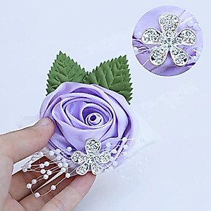 6piece Wrist Corsages Flower with Pearl Beads Diamond Satin Rose Elastic Band Wrist Bracelet Flowers Wedding Party Item (Lilac)