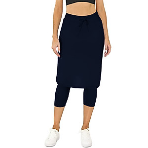 Womens Tennis Skirt with Built in Capri Leggings 20" Knee Length Skorts Skirts Drawstring Golf Skirts Skirted Leggings Navy Blue