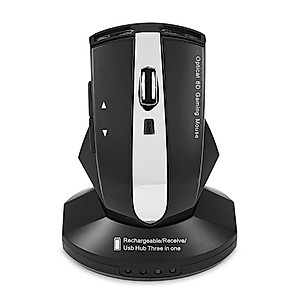Ergonomic Design Wireless 2.4GHz Mouse USB Hub 3-Port Optical Mice Rechargeable Charging Dock Stand Adjustable DPI for Gaming Office (Black)