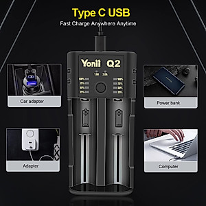18650 Charger,Smart Universal Charger Fast Charger 2 Bay for Rechargeable Batteries Ni-MH Ni-Cd AA AAA Li-ion IMR 10440 14500 16340 RCR123A 26650 3.6V 3.7v 1.2v Current 1A 2A Optional (No Battery)