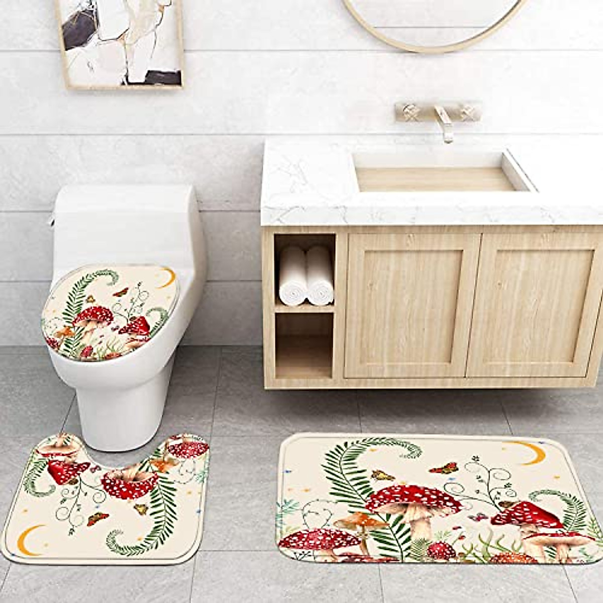 4PCS Mushroom Butterfly Flower Shower Curtain Set with Non-Slip Rugs, Toilet Lid Cover and Bath Mat, Moon Stars Shower Curtain with 12 Hooks, Durable Waterproof Retro Bathroom Decor Set