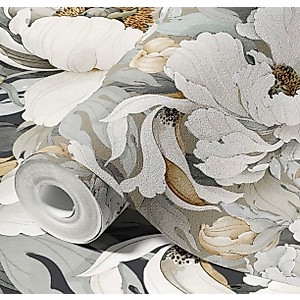 MuralPeel White Poppies Floral Modern Grey Peonies Flowers Peel and Stick Wallpaper Self Adhesive Removable Easy Peel Off Stick on Wall Paper for Bedroom Renter