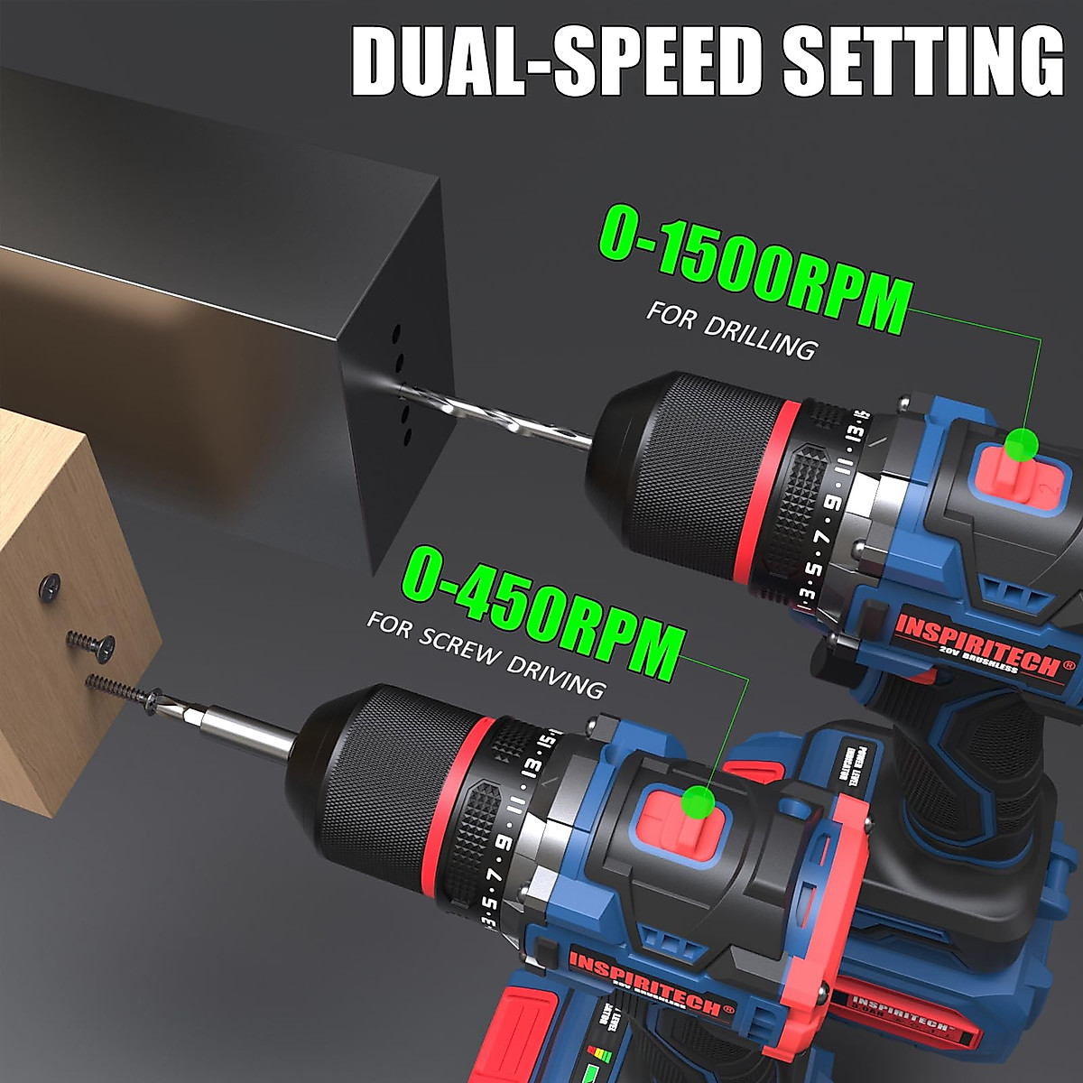 INSPIRITECH 20V Cordless Drill Set, Brushless Power Drill Set with 3.0Ah Battery and Charger,3/8-Inch Metal Chuck Electric Drill Driver,22 Torque Setting,Drill/Driver Bits and Tool Bag Included…