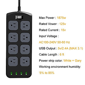 Power Strip Surge Protector 1875W/15A - 8 AC Outlets 3.1A 4 USB Ports 6 Feet Long Extension Cord, Mountable Power Outlet for Flat Plug Phone iPad PC Laptop Home,Office & Hotel - Black
