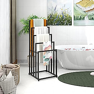 HAHRIR Black Metal 5-Tiers Stainless Steel Towel Racks ,Freestanding Towel Holder for Bathroom Accessories Organizer，for Bath Storage & Hand Towels&Washcloths& Blanket Rack
