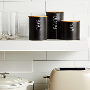 Farmlyn Creek Set of 3 Matte Black Kitchen Canister with Airtight Wooden Bamboo Lids, Kitchen Counter Containers, Food Storage Jars, Ideal for Storing Sugar, Coffee and Other Dry Goods, (3 Sizes)