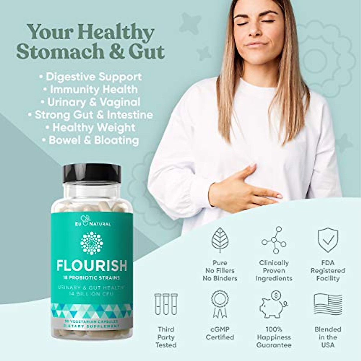 Flourish Probiotics + Prebiotics for Women – Gut & Digestion, Urinary Tract, Reduce Bloating, Vaginal Health – 18 Clinically Proven Strains, 14 Billion CFU – 30 Shelf-Stable Mini Vegetarian Capsules