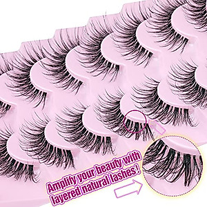 Lashes Natural Look False Eyelashes Wispy Fluffy Lashes Mink Long Curly Fake Eyelashes Cat Eye Lashes with Clear Band 7 Pairs Pack by GVEFETIEE