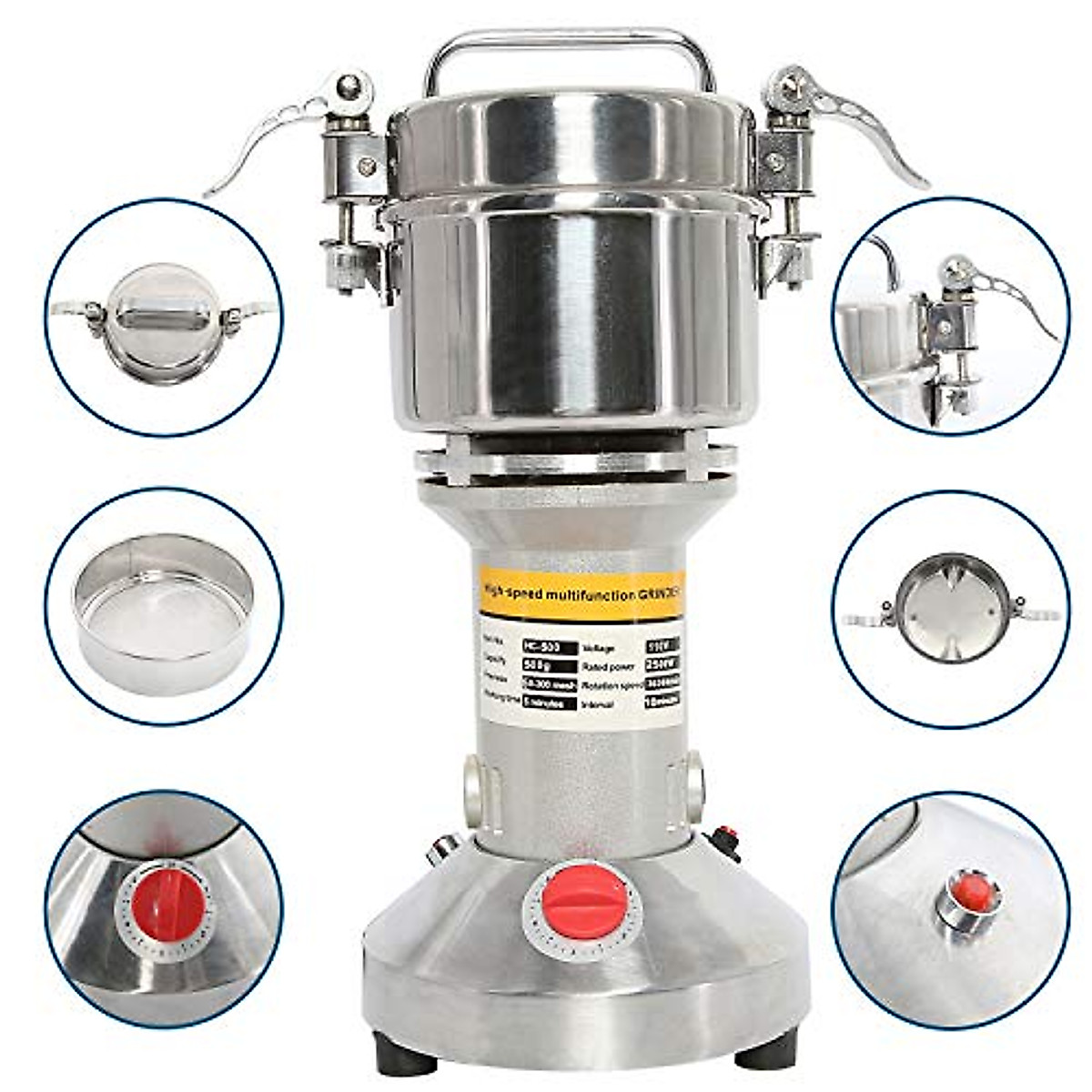 HYDDNice 500g Grain Mill Grinder 2500W 50-300 Mesh 36000RPM High Speed Electric Stainless Steel Grinder Spice Herb Cereals Corn Flour Powder Machine Commercial Grade