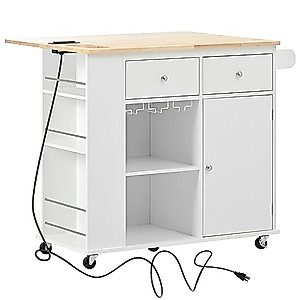 FRITHJILL Kitchen Storage Island with Power Outlet and Drop Leaf, Rolling Kitchen Cart with Spice Rack and Drawer, for Kitchen and Dining Room, White