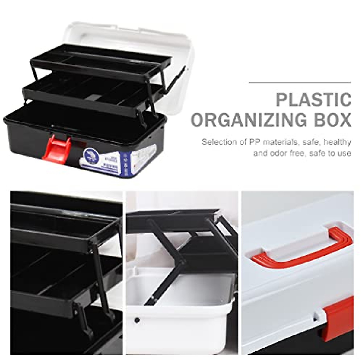 Yardwe 3- Layer Plastic Organizer Box Sewing Box Multipurpose Organizer with Removable Tray Portable Handled Storage Case for Art Craft and Cosmetic Black