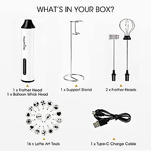 FoodVille MF05 Rechargeable Milk Frother USB Charging Handheld Foam Maker with Stainless Balloon Whisk for Cappuccino, Latte, Bulletproof Coffee, Keto Diet, Protein Powder, Matcha (White with Stand)