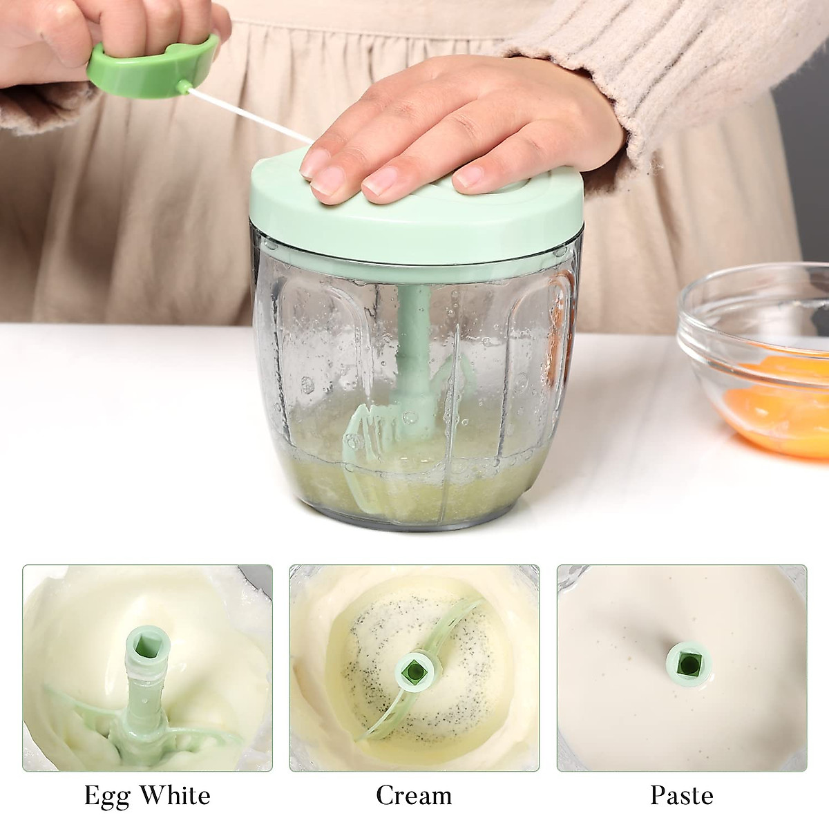 Ourokhome Manual Food Processor Vegetable Chopper, Portable Hand Pull String Garlic Mincer Onion Cutter for Veggies, Ginger, Fruits, Nuts, Herbs, etc., 900ml, Green