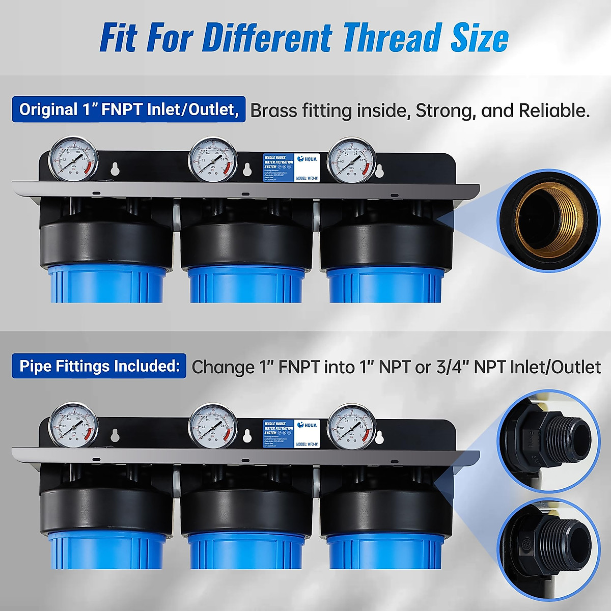 HQUA WF3-01 3-Stage Whole House Water Filtration System, Reduces Heavy Metals (Lead, Mercury, Copper, Nickel, Chromium), Chloramine, Sediment, Odor, and VOC’s (Sediment Heavy Metal Carbon 3 Stage)