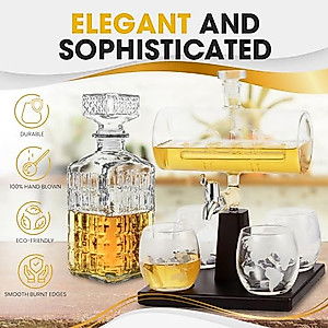 Berkware Ship In A Bottle Liquor Dispenser - 34 oz Crystal Whiskey Decanter Set with Tray with 4 Globe Glasses for Scotch, Vodka, Gin, Rum, Tequila, Cognac, Bourbon