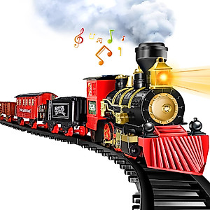 Train Set - Electric Train Toy with Railway Kit, Smoke, Sound, Light, Cargo Cars & Tracks, Toddler Model Train Set for 3 4 5 6 7 8+ Year Old Kids Birthday Gifts