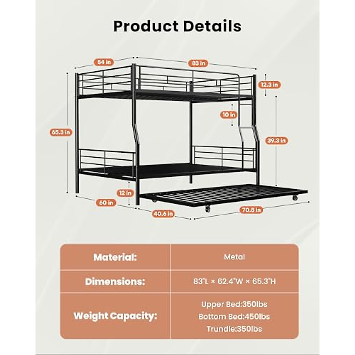 Miscoos Full XL Over Queen Bunk Bed with Trundle, Heavy-Duty Bunk Bed Frame with Ladder and High Guardrail, Convertible into 3 Beds for Kids Teens Girls Boys, Black