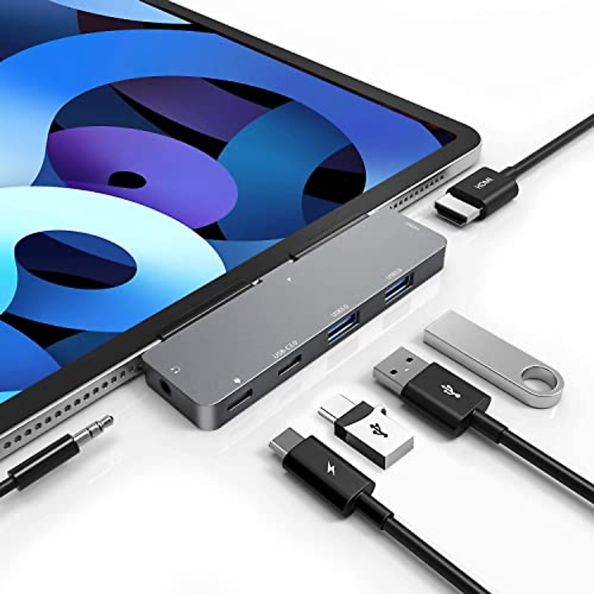 iPad Pro USB C Hub, 6-in-1 Adapter for iPad Pro 2021 iPad Air 5 Docking Station with 4K HDMI, 60W Power Delivery, 2 USB 3.0 & 3.5mm Headphone Jack, for MacBook Air, MacBook Pro, XPS, and More