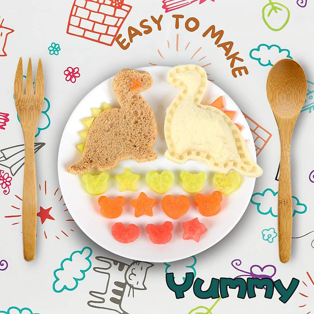 Crethinkaty Sandwich Cutters and Sealers for Children - 5 Pieces - Dinosaur Sandwich Sealers and Mouse Star Airplane Stainless Steel Vegetable Cutters for Kids Boys & Girls