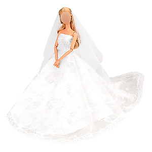BARWA Wedding Dress with Veil White Princess Evening Party Clothes Wears Dress Outfit Set for 11.5 Inch Doll