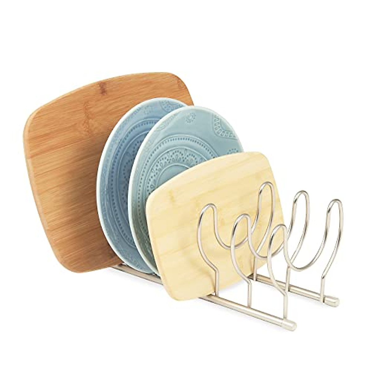 Spectrum Diversified Euro Kitchen Lid Organizer for Plates, Cutting Boards Bakeware, Cooling Racks, Pots & Pans, Serving Trays, and Reusable Containers, Satin Nickel