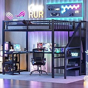 Full Size Loft Bed with Desk and Stairs Metal Full Loft Bed with Storage Wardrobe and Charging Station Adult Loft Bed with LED Lights and Adjustable Shelf for Kids Teens, Black
