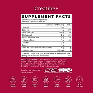 CYMBIOTIKA Creatine+, Creatine and Glutamine Supplement for Amino Energy, Recovery, Muscle Mass & Brain Support, Liposomal Delivery, Gluten Free & Vegan, Raspberry Flavor - 30ml Pouches (Pack of 20)