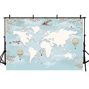 Sendy 7x5ft A New Adventure Begins Travel Backdrop Baby Shower Party Decorations for Boy World Map Around World Adventure Awaits Airplane Birthday Bridal Shower Photography Background Photo Banner