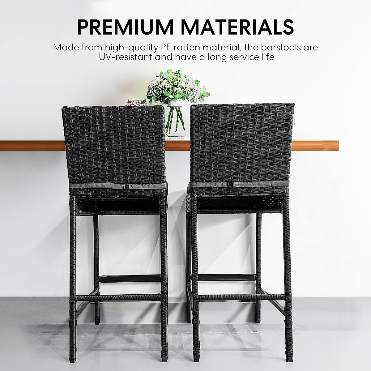 VIVOHOME Outdoor Wicker Barstool 4 Packs, Bar Chairs PE Rattan Materail, Patio Stools with Cushions, Black
