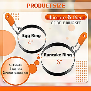 6 Pcs Professional Egg Ring Pancake Ring Set Stainless Steel Fried Egg Ring Griddle Pancake Shapers with Orange Silicone Handle for Breakfast Omelette Sandwich (4, 6 Inch)