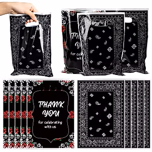 BkeeCten 50PCS Black Bandana Party Favors Bag with Handle Plastic Chicano Thank You Gift Goody Treat Candy Bags Black Western Bandana Return Gift Bags for Old School Cholo Theme Birthday Party Supply