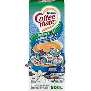 Nestle Coffee mate Coffee Creamer, Sugar Free French Vanilla, Liquid Creamer Singles, Non Dairy, No Refrigeration, Box of 50 Singles