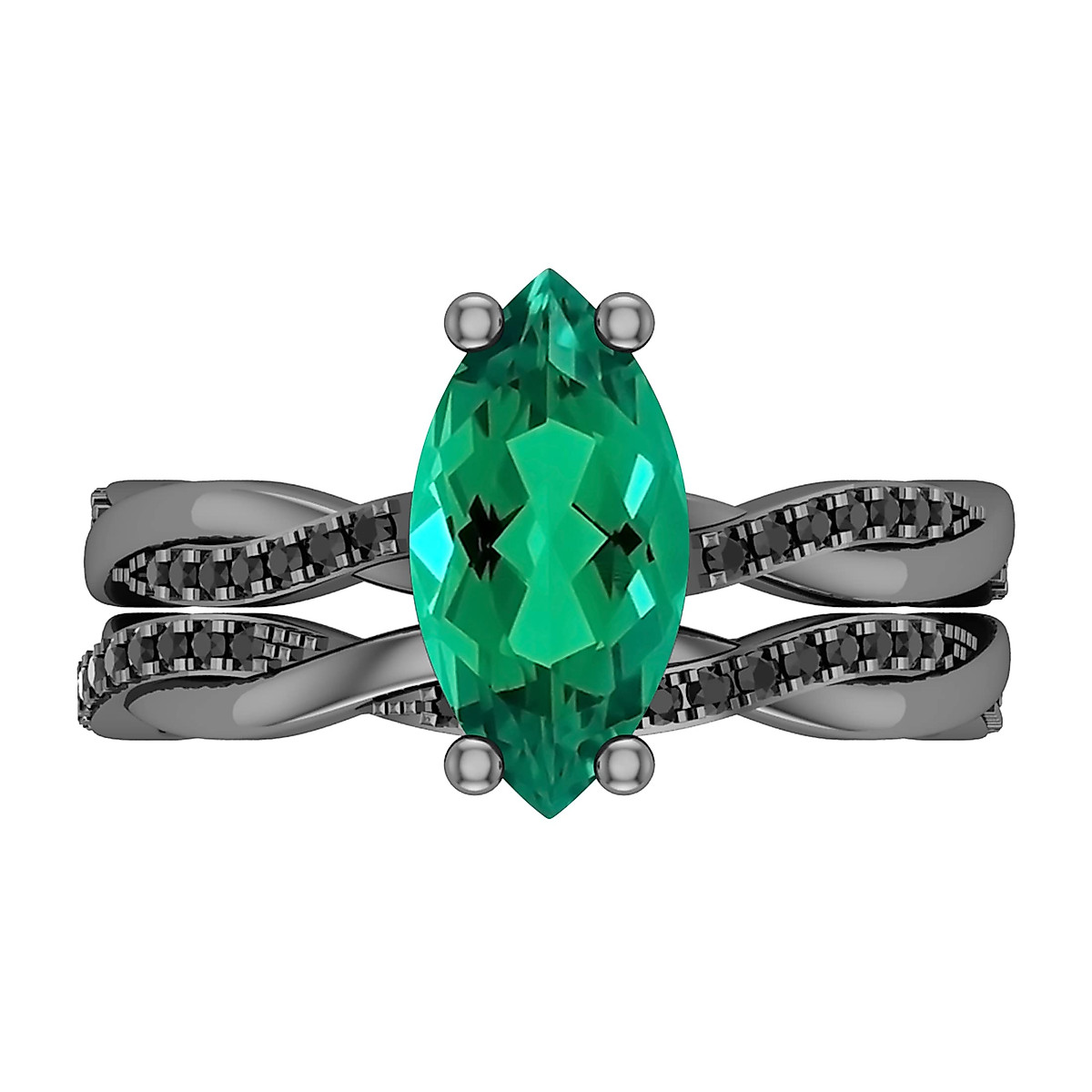Dazzlingrock Collection 12X6 mm Lab Created Marquise Emerald & Round Black Diamond Bridal Ring Set in Black Plated 10K White Gold, Size 8.5