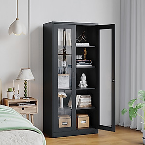LISSIMO Tall Bookcase Storage Cabinet with Tempered Glass Door,Metal Display Cabinet with 4 Adjustable Shelves,5-Tier Curio Cabinet Liquor Cabinet for Home,Study,Living Room and Office (Black)