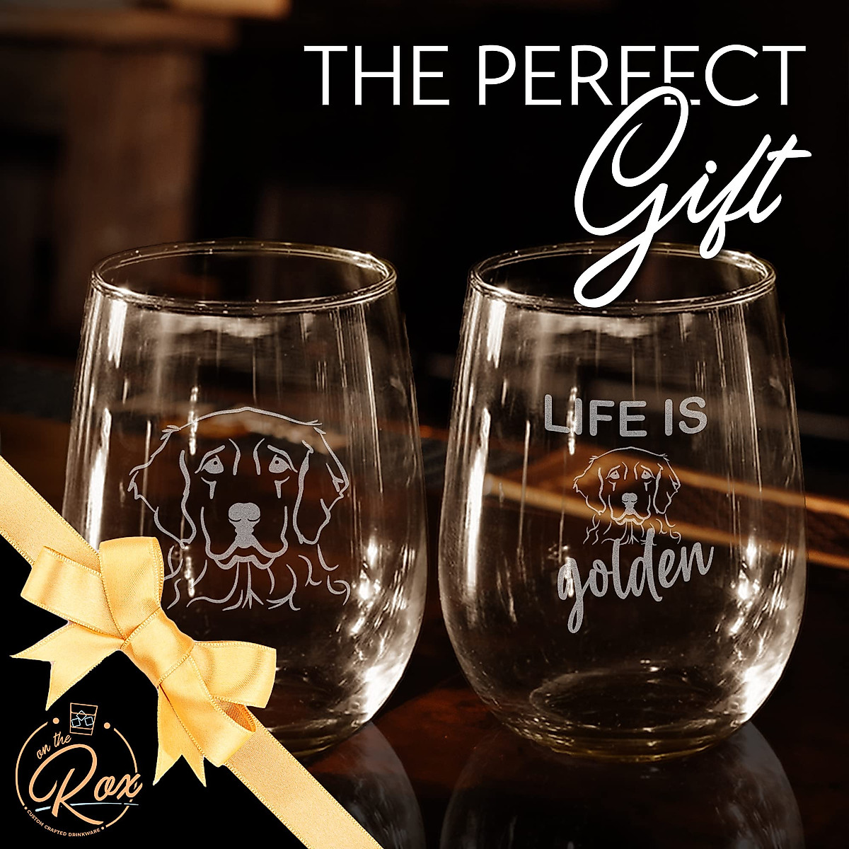 On The Rox Drinks Golden Retriever Gifts for Dog Lovers - Life Is Golden Stemless Wine Glass Set of 2- Cute Dog Face Glasses for Women - Funny Tumbler, Cup for Pet Lovers