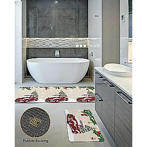Christmas Red Truck Bath Mat for Tub,Non Slip Bathroom Floor Runner Rug Quick Dry & Absorbent Diatomaceous Earth Shower Sink Kitchen Washable Doormat,Farmhouse Pine Tree Berry Snowflake 16x24+16x47