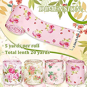 Whaline Floral Wired Edge Ribbon 4 Rolls Rose Flower Pattern Ribbon Spring Summer Fabric Decorative Craft Ribbon Roll for Gift Wrapping Decor Hair Bow Sewing Wreath Crafts, 20 Yard x 2.5 Inch