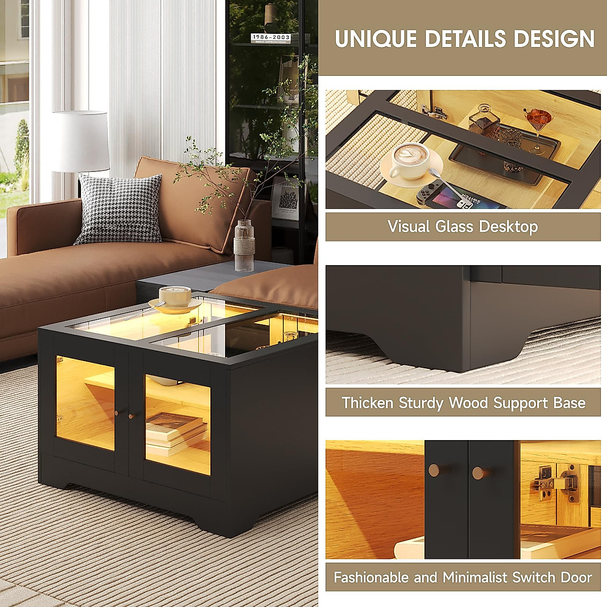 Fameill Square LED Coffee Table with Storage Space, Modern Black Wooden Coffee Table with Glass, Living Room Central Table, Cocktail Table for Living Room, Conference Room and Bedroom