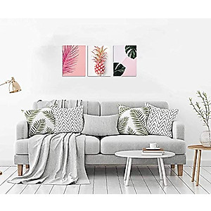 TutuBeer Plant Wall Art with Pink Pineapple at Pink Background Tropical Wall Decor Green Plant Art 12" x 16" x 3 Pieces Canvas Pictures Prints Artwork Ready to Hang for Home Decoration Wall Decor