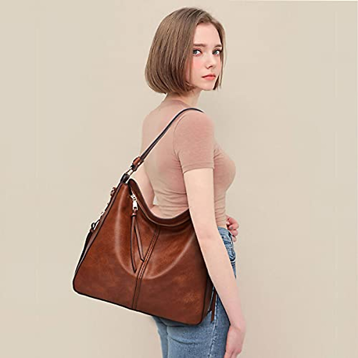 IBLUE Hobo Bags for Women Faux Leather Purses and Handbags Large Hobo Purse with Tassel Shoulder Purse,#D1089 (Brown)